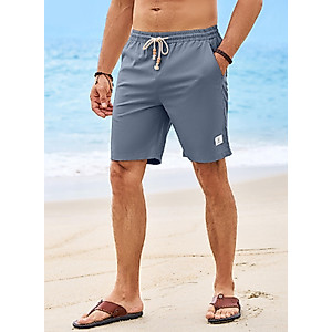 JMIERR Men Shorts Linen Cotton Casual Classic Fit Flat Front Elastic Waist Drawstring Lightweight Summer Beach Shorts for Men US 34 (Medium) Blue