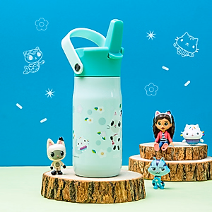 Zak Designs Harmony Gabby's Dollhouse Kid Water Bottle for Travel, 14oz Recycled Stainless Steel, Leak-Proof When Closed and Vacuum Insulated (Pandy Paws, Cakey Cat, Mercat, Kitty Fairy)