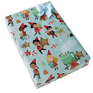 Green Sky Christmas Holiday Wrapping Paper with Santa and Elves Design, 50 Sq. Ft Total (30 ft W x 22 in L) (2 Rolls)