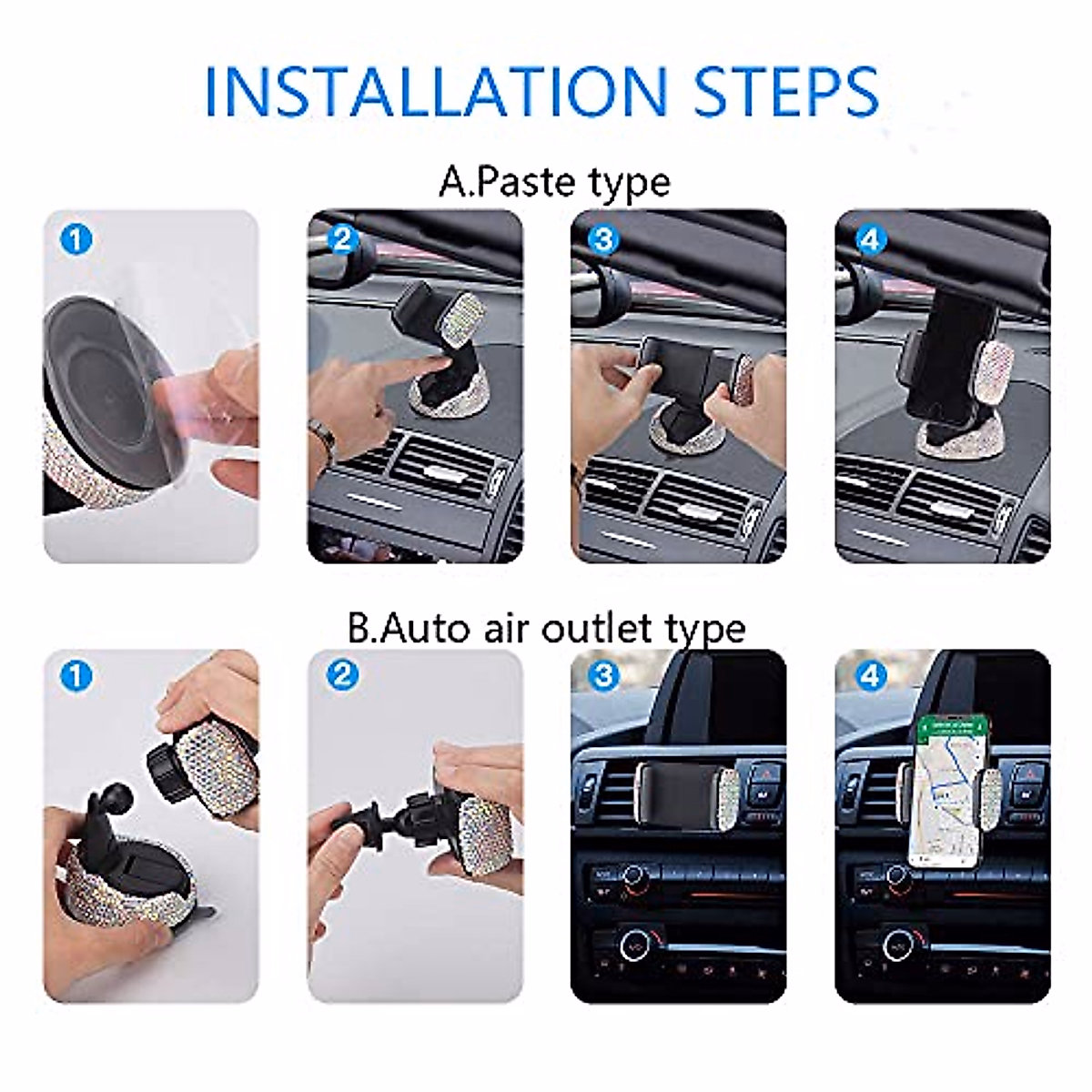 LYCARESUN Bling Car Phone Holder, 360°[Adjustable & Stable] Crystal Universal Phone Mount for Car, Windshield Dashboard Air Vent Car Stand Phone Holder, Mini Car Accessories for Women Girl (White)