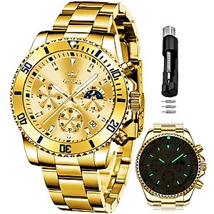 OLEVS Mens Watches Gold Chronograph Luxury Dress Moon Phase Quartz Stainless Steel Waterproof Luminous Business Calendar Wrist Watch