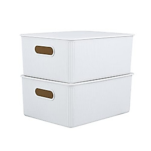 Superio Decorative Plastic Lidded Home Storage Bins Organizer Baskets, Large White Smoke (1 Pack - 15 Liter) Stackable Container Box, for Organizing Closet Shelves Drawer Shelf - Ribbed Collection