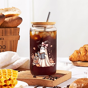 Halloween Gifts for Book Lovers Women - Birthday Christmas Book Club Gifts for Bookish Librarian Bookworm Readers - Cute Witch Spooky Gifts Reading Witchy Wizard Hat Glass Iced Coffee Cups with Lids