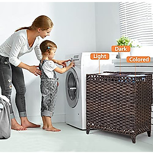 Laundry Hamper with 3 Removable Liner Bags; 132L Handwoven Rattan Laundry Basket with Lid & Heightened Feet; Clothes Hamper with Side Handles; Laundry Sorter with 3 Separate Sections (Brown)