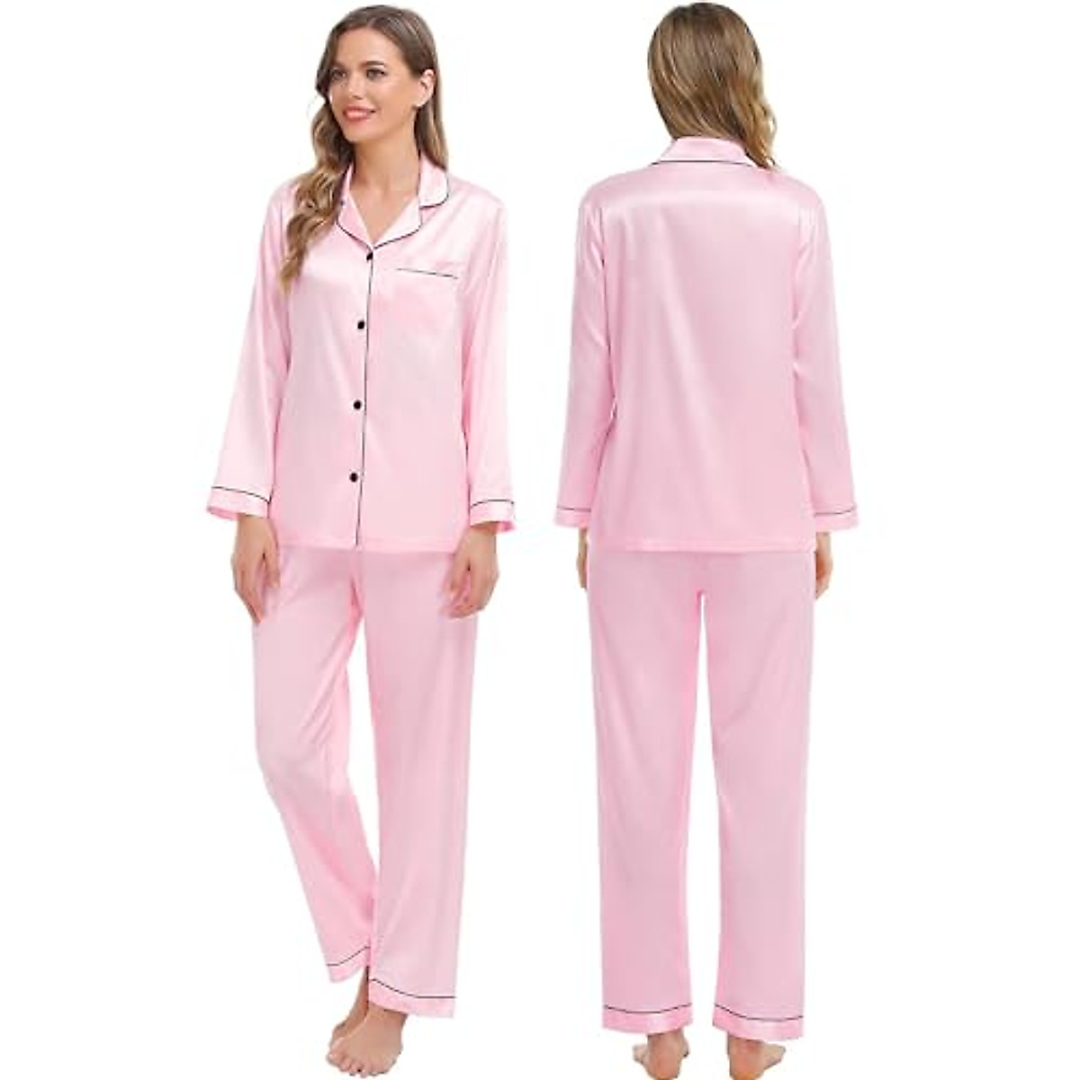LecGee Couples Matching Pajamas Set Button Down Sleepwear Long Sleeve Loungewear Silky Satin 2 Piece Pjs Men/Women Pink Large