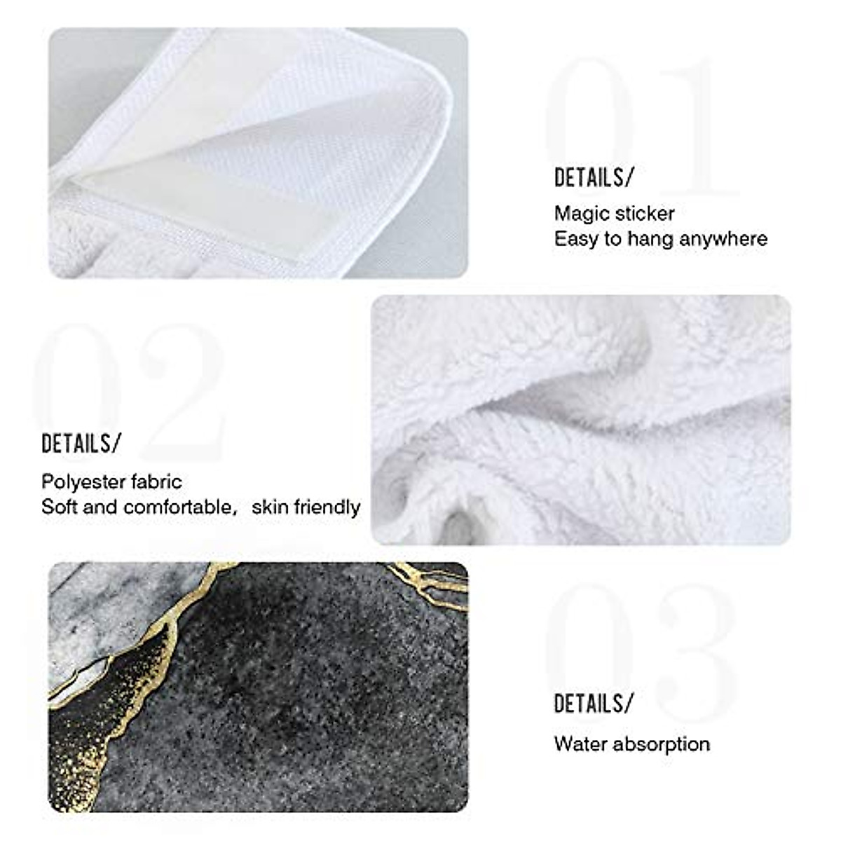 Oarencol Marble Kitchen Hand Towel Black White Gold Stone Art Absorbent Hanging Tie Towels with Loop for Bathroom 2 Pcs