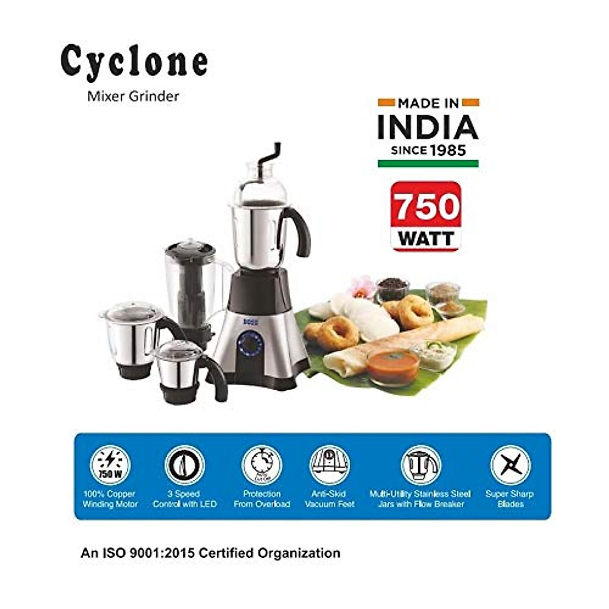 BOSS Cyclone 4-Jar Perfect Mixer Grinder Kitchen Grinding Genius 750 Watt Powerful Motor, 3 Variable Speed with Incher, 110V