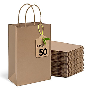 MESHA Small Paper Bags with Handles 5.25x3.75x8 Brown Kraft Gift Bag 50Pcs Bulk Grocery Shopping Bags Party Retail Business Packaging Merchandise Boutique Wedding Favor Baby Shower Small Business