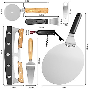 Pizza Crust Set (Set of 7) 10'' Stainless Steel Pizza With Handle Wood Handle Rocker Cutter Pizza Oven Accessories Gift for Homemade Baking Lovers like Pizza, Bread and Pastries