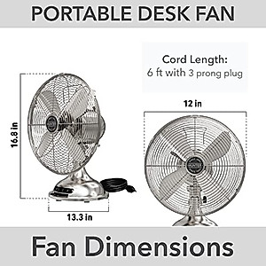 Hunter Classic D12 Portable Desk Fan 12 inch, 3 Speed, Brushed Nickel, 97315