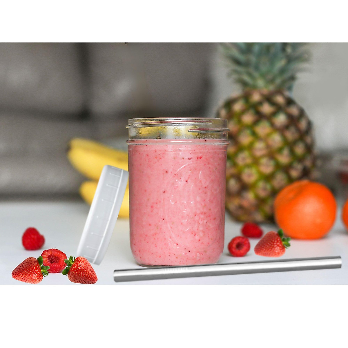 Jarming Collections Travel Glass Reusable Smoothie Cups with Lids and Straws - Glass Smoothie - Mason Jar with Lid and Straw, Freezer Safe Smoothie Wide Mouth Mason Jar Drinking Glasses, (2, 16oz)