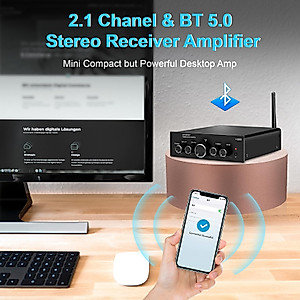 Daakro Stereo Audio Receiver Amplifier,100W Bluetooth 5.0 Mini Hi-Fi Audio Amp,2.1 Channel Amplifier Receiver with Bass and Treble Control for Home Outdoor Speakers/Subwoofer (with Power Supply)