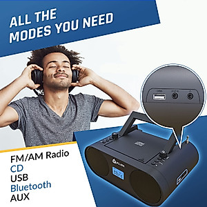 KLIM Boombox B4 CD Player Portable Audio System + AM/FM Radio with CD Player, MP3, Bluetooth, AUX, USB + Wired & Wireless Mode, Rechargeable Battery + Remote Control, Autosleep, Digital EQ + New
