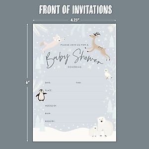 Koko Paper Co Snowy Winter Wonderland Baby Shower Invitations and Diaper Raffle Tickets | 25 Fill-in Invitations, 25 Bright White Envelopes and 25 Diaper Raffle Tickets | 75 pcs Total | Printed on Heavy Card Stock.