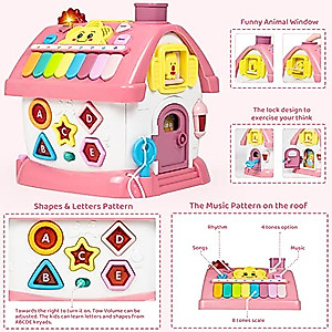 Marstone Baby Girl Toys for 1 2 3+ Years, Montessori Toddlers Toys with Sound/Lights/Music/Clock/Telephone/Car 6 in 1 Multi-Functional House, Early Educational Musical Toy Gift for Girl and Boy
