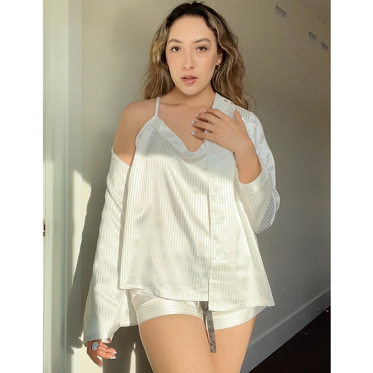 Ekouaer Women's Striped Satin Pajama Set Silk Long Sleeve Button Down Pjs Sleepwear White Striped L