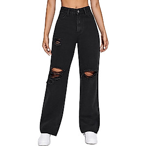 SweatyRocks Women's High Waist Slant Pocket Denim Jeans Ripped Straight Leg Pants Plain Black M