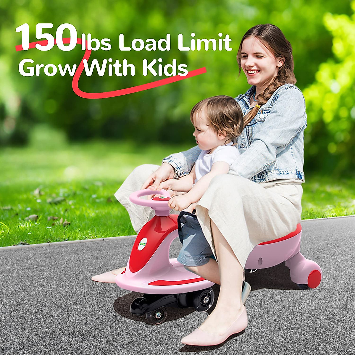 Electric Wiggle Car, ANPABO 2 in 1 Wiggle Car Ride on Toy with Pedal, Adjustable Length, Light Up Wheels, Rechargeable Battery, Anti-Rollover Structure, Swing Car with Music for Kids 3 Years and Up