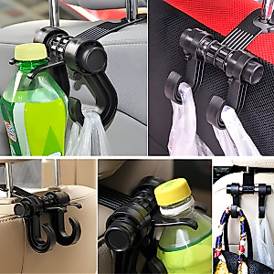 BELOMI 2PCS Car Seat Headrest Hook, 360° Adjustable Storage Double Hooks, Multi-Functional Swivel Organizer, Vehicle Backseat Hanger Interior Accessories for Handbag Purse Cloth Grocery