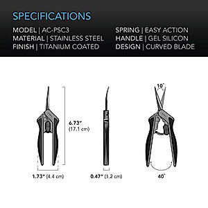 AC Infinity 6.6” Stainless Steel Curved Pruning Shear, Lightweight Ergonomic Design, Curved Precision Blades with Nonstick Titanium Coating for Gardening, Hydroponics, Grow Tents