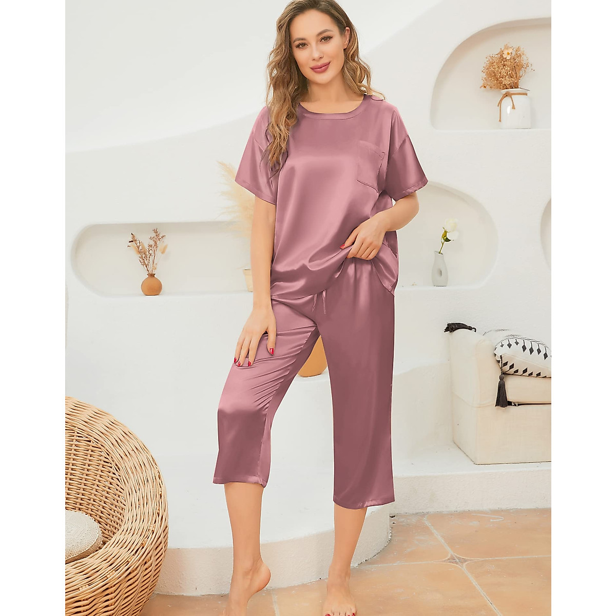 SWOMOG Womens 2 Piece Satin Pajamas Silk Short Sleeve Pjs Sets Capri Bottom Pajama Pants Loose Outfit with Pockets Misty Rose Medium