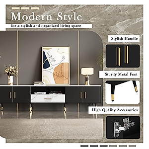 Merax Modern TV Stand for 80 Inch TV, 70 Inch Black & White TV Stand with Storage Cabinets, Drawer, and Open Space, Universal Entertainment Center Media Console for Living Room, Bedroom, Office