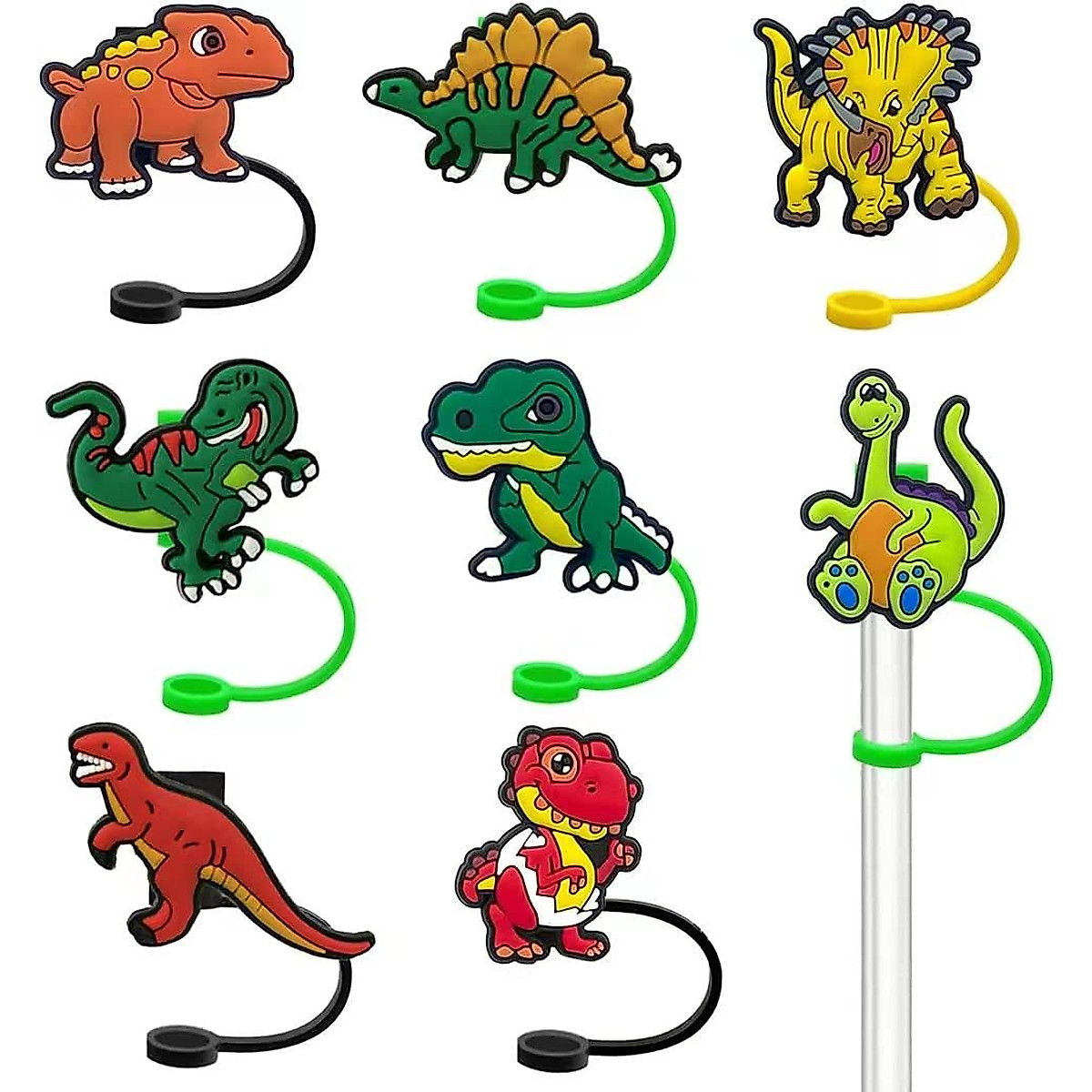 20pcs Silicone Dinosaur Straw Cover Pack Reusable Drinking Straw Caps Lids Dust-Proof Straw Plugs for Straw Tips for Kids Birthday Party Favors School Carnival Reward Prizes Decoration Supplies
