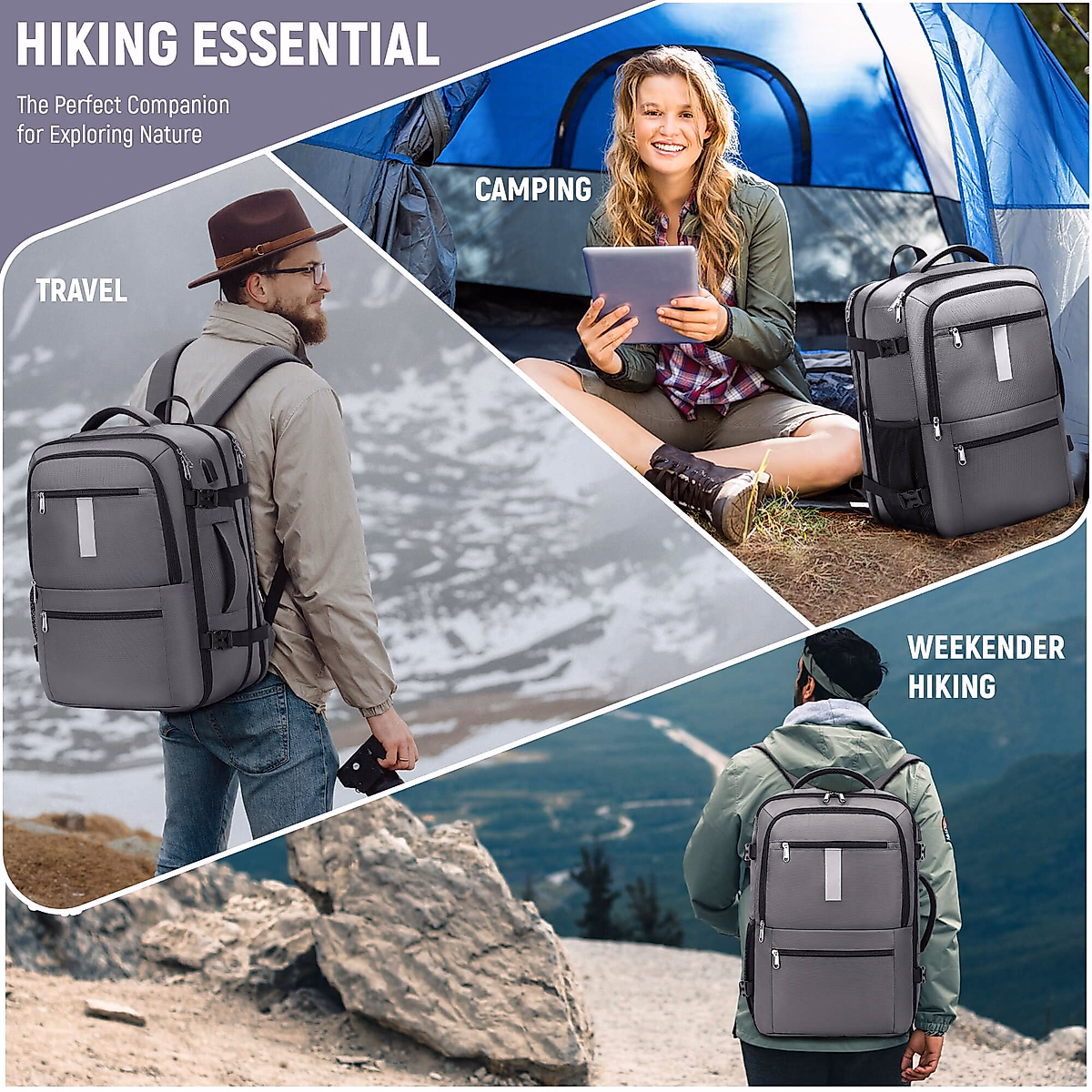 DWQOO Extra Large Travel Backpack for Men and Women, Flight Approved Carry on Backpack, Expandable Personal Item Backpack with Shoe Bag, 17.3" Laptop Backpack with USB Port for Weekender Hiking, Grey