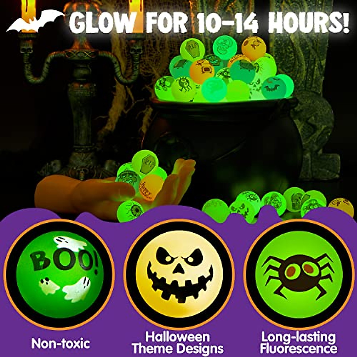 JOYIN 100 Halloween Theme, Glow in The Dark Bouncing Balls, 20 Designs for Halloween Party Supplies, Trick or Treating Goodies