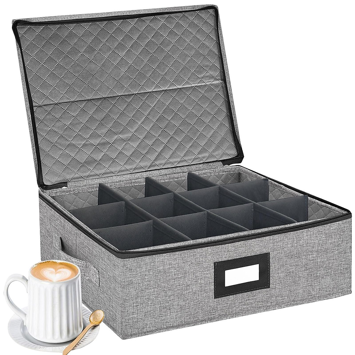 Coffee Mug Storage Box with Dividers, Durable China Storage Containers for Coffee Mugs, Tea Cups Storage Organizer with Lid, Handles, Label Window, Holds 12 Mugs, Hard Shell and Stackable (Grey)