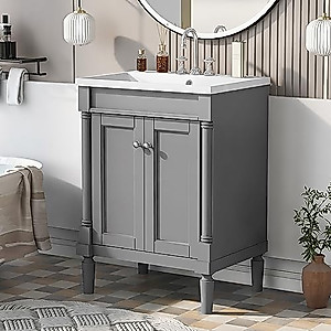 VKKILPEE 24 inch Bathroom Vanity Sink Combo Freestanding Bathroom Vanity with Top Sink, Bath Vanity Storage Cabinet with Large Storage Shelves, Modern Single Sink Bathroom Cabinet, Grey