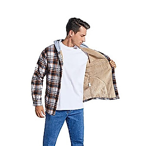 Derbars Men's Sherpa Lined Winter Jackets Warm Camp Hooded Flannel Shirt for Men Khaki Medium