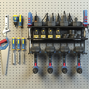 Heavy Duty Tool Organizer with charging station, 3 Layers Garage Pegboard Tool Rack, Power Tool Organizer Wall Mounted with 7 -Hole outlets Surge Protector, 4 Power Drill