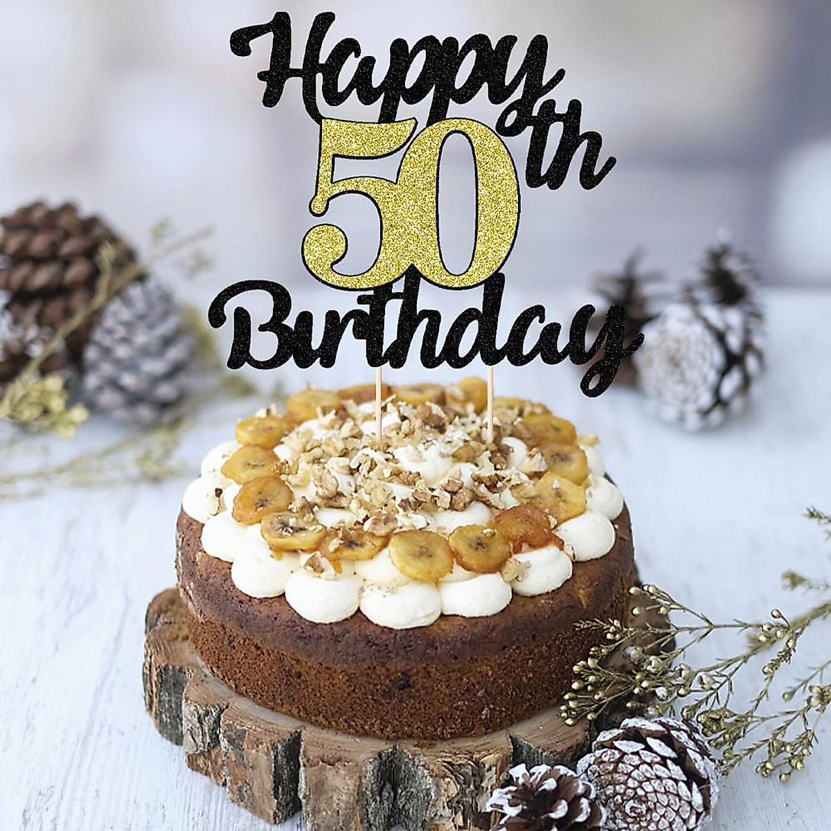 LVEUD happy birthday cake topper Black Font Golden Numbers 50th birthday happy Cake Topper -Birthday Party Decorations (50th)