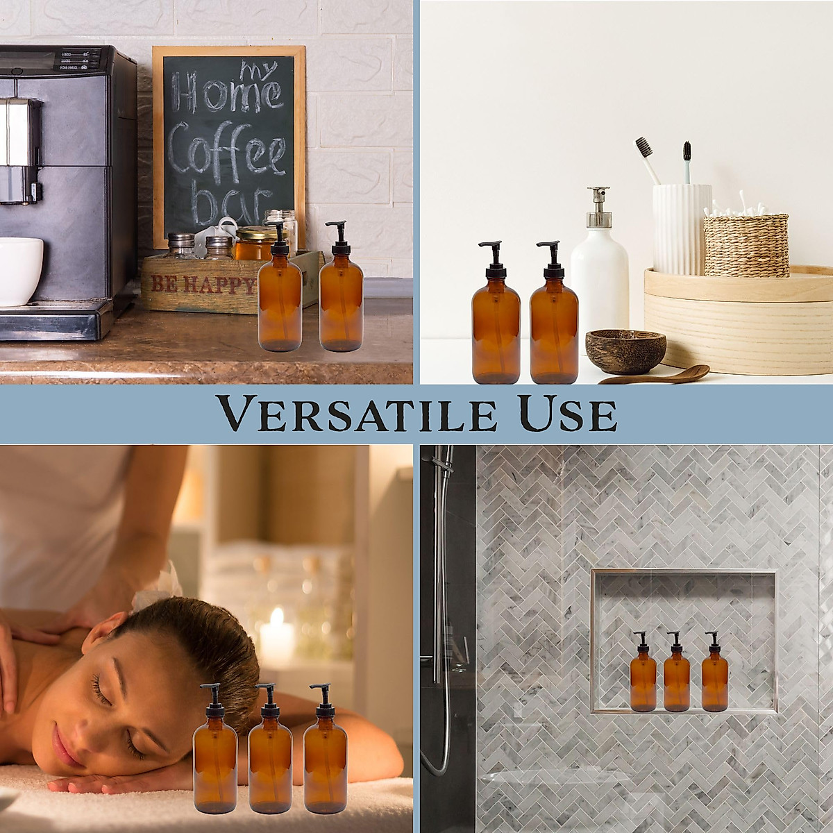 Cornucopia 8oz Glass Pump Bottles (4-Pack, Amber Brown), Lotion Soap Dispensers w/Black Plastic Pumps