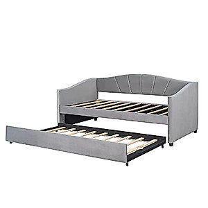 DEYOBED Twin Size Upholstered, Daybed Frame Sofa Bed with Trundle and Wood Slat for Bedroom, Living Room, No Spring Box Needed, Gray
