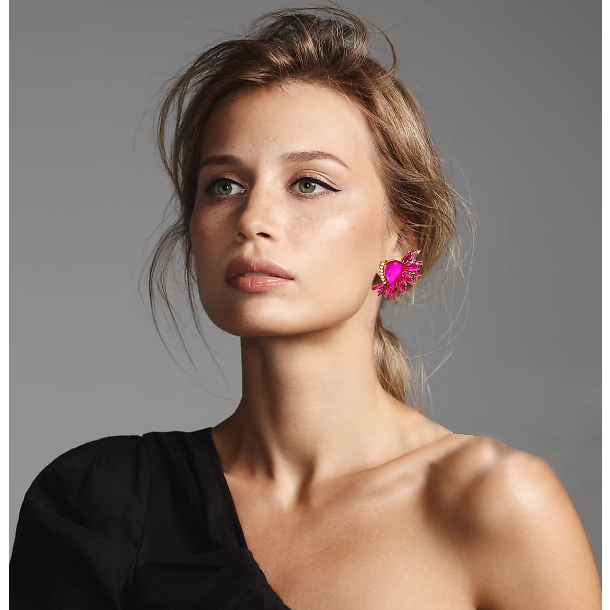 Vintage Hot Pink Rhinestone Statement Earrings Retro Fancy Crystal Cluster Drop Dangle Earrings for Women Prom