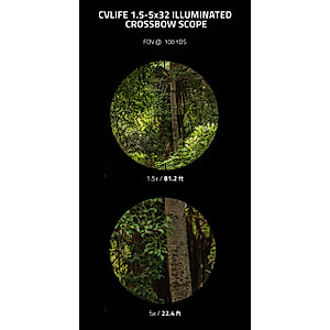 CVLIFE 1.5-5x32 Crossbow Scope, 20-100 Yards Ballistic Reticle, 300-450 FPS Red Green Illuminated Optic Crossbow Scope for Hunting