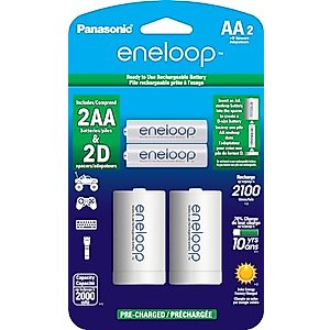 Eneloop Panasonic K-KJS1MCA2BA D Size Battery Adapters AA 2100 Cycle Ni- MH Pre-Charged Rechargeable Batteries, 2 "D Adapters with 2 Batteries