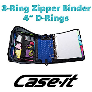 Case-it The King Sized Zip Tab Zipper Binder - 4 Inch D-Rings - 5 Subject File Folder - Multiple Pockets - 800 Sheet Capacity - Comes with Shoulder Strap - Dark Purple D-186