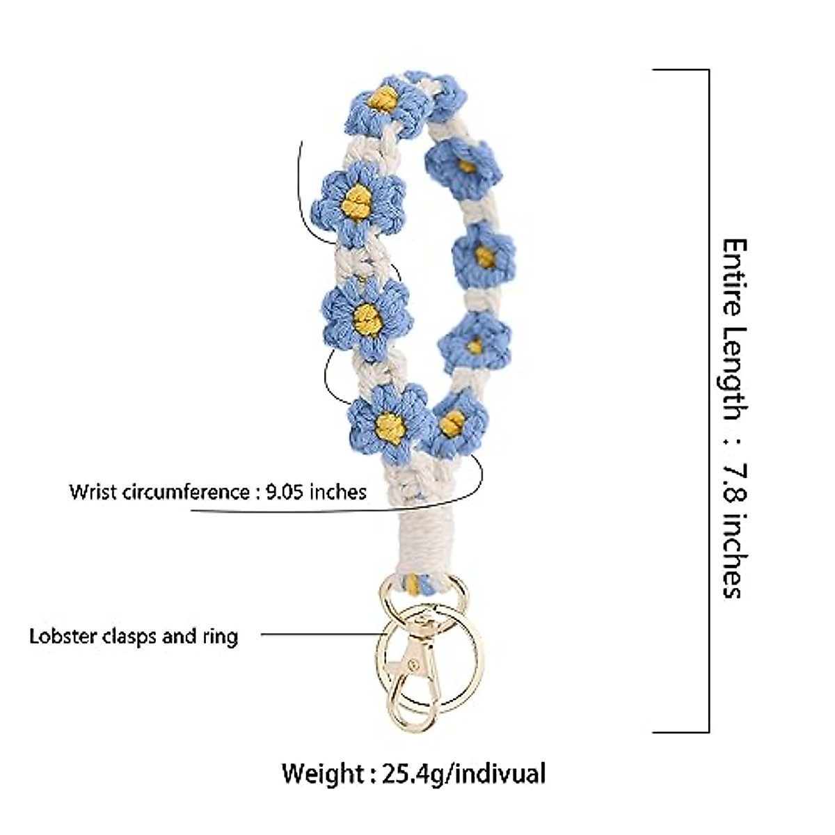 WALXINK Blue Flower Handmade Wristlet Keychain for Women with Key Ring Macrame Lanyards for Keys Sturdy Keychain for Car Keys