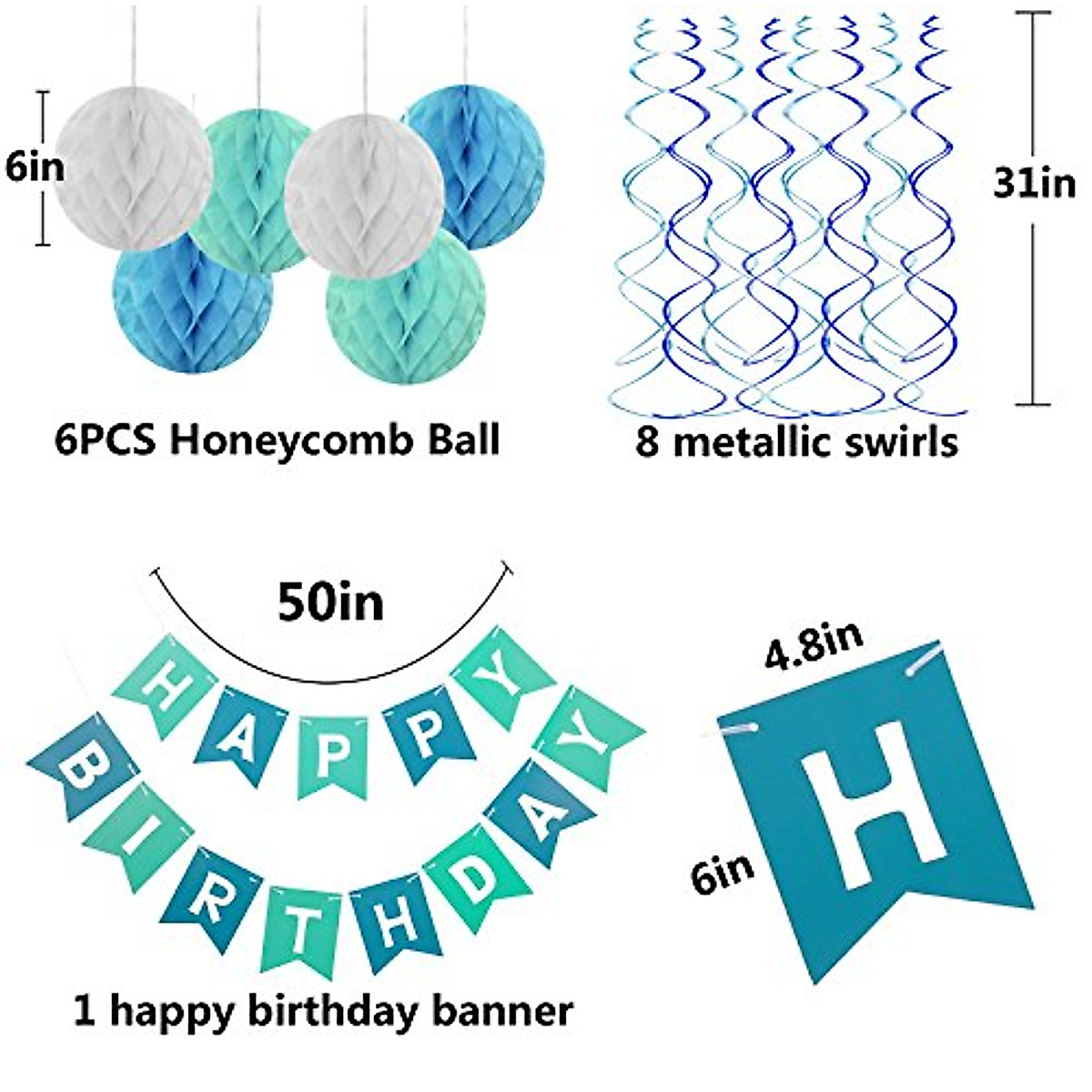 Fecedy Blue Happy Birthday Banner Honeycomb balls Swirls Streamers for Birthday Party Decorations