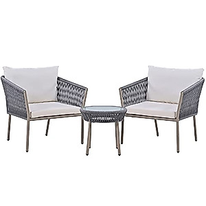 KELRIA Woven Rope Conversation Set, Rattan Couch Sofa Including 2 Single Chairs and Coffee Table, Suitable for Indoor, Outdoor, Balcony, Courtyard, Poolside, Lawn, Backyard, Gray, Gary
