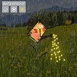 WUFEILY Solar Outdoor Lights Decorative, Dragonfly Garden Decor Glass Solar Watering Can with Cascading Lights Solar Garden Lights Yard Art Garden Stakes for Walkway, Pathway, Yard, Lawn, Patio