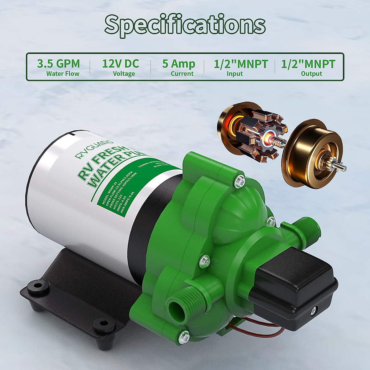 RVGUARD Fresh Water Pump, 12V DC Self Priming Diaphragm Water Pump, 3.5 GPM with Strainer Filter, Adapters, for RV, Yacht, Garden, Camper