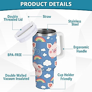 Wusikd Pig Face Tumbler Handle Lid and Straw Rainbow Clouds Water Bottle Stainless Steel Coffee Travel Tumbler Mug Cup Gifts for Men Women 30oz