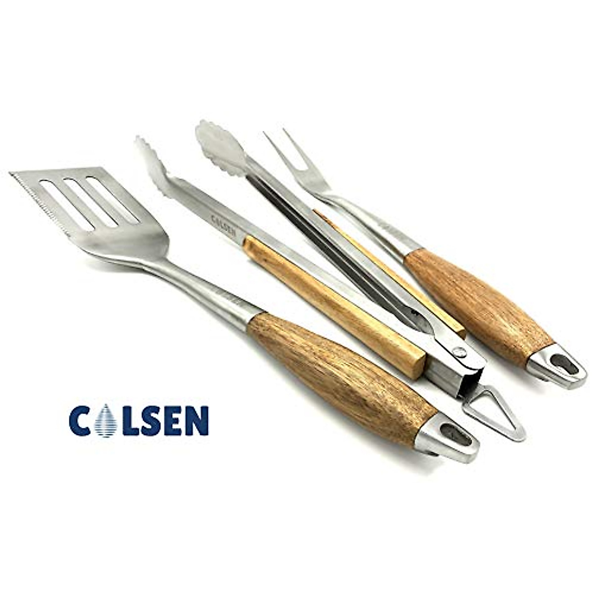 COLSEN Heavy Duty 3-Piece BBQ Grilling Tool Set, Stainless Steel Tongs, Spatula, & Fork, Kitchen Utensils Set, Camping Accessories, Brown