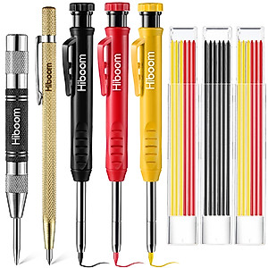 Hiboom 8 Pack Carpenter Pencil Set, 3 Colorful Solid Carpenter Pencils with Sharpener and Refills, Automatic Center Punch, Carbide Scribe Tool Kit for Construction Woodworking