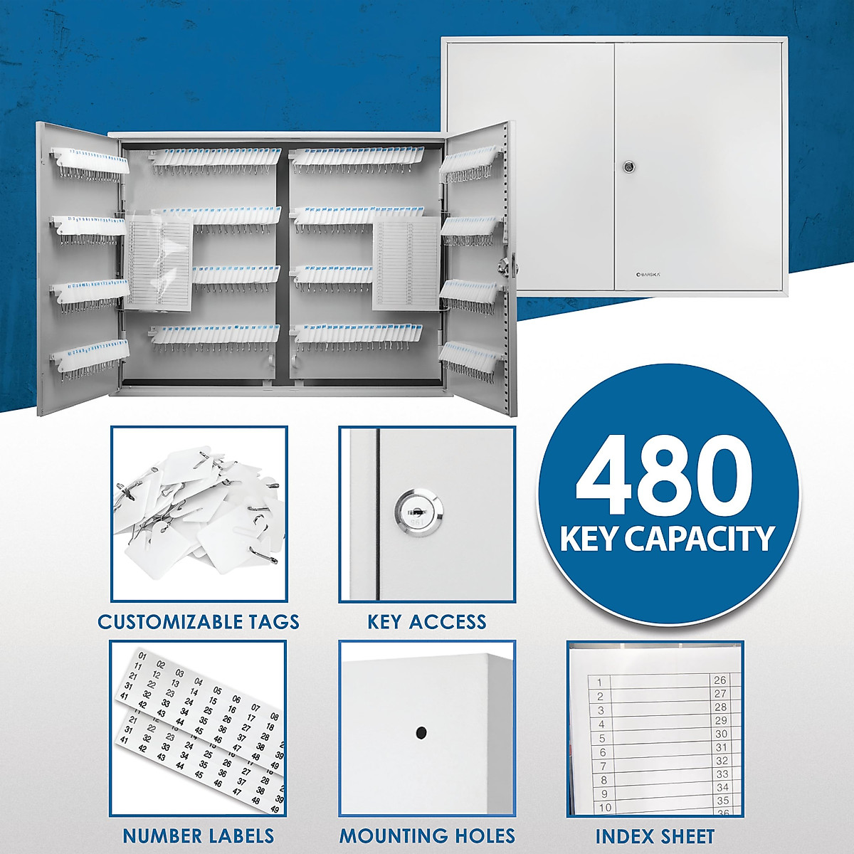 Barska Key Lock Key Cabinet Lock Box with Numbered Hooks and Tags - 480 Position - White Tags