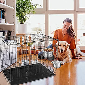 Dog Food & Water Bowl, ShineMe 2 Pack Stainless Steel Pet Bowls for Dogs and Cats Hanging in Cage Crate Kennel, Non-Slip Metal Feeder for Medium and Large Pets (7.1 * 3.5” & 5.5 * 3.2”)